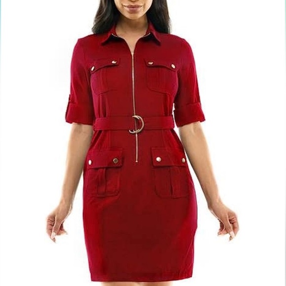 Sharagano Dresses Sharagano Red Short Sleeve Collared Belted Cargo